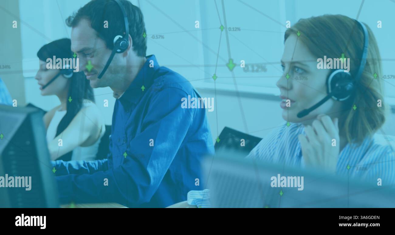 Customer service team using headsets and computers, collaborating in modern office. Call center ...