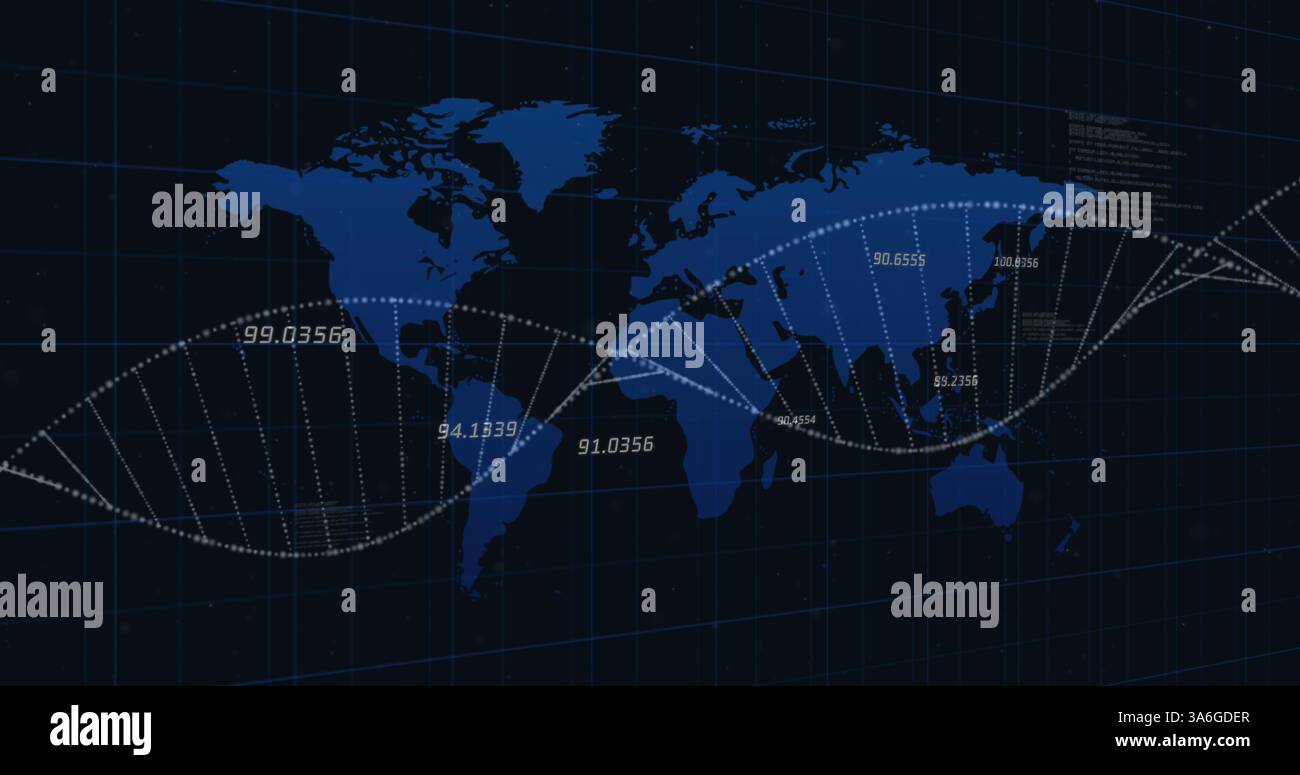 World map with DNA helix overlay, illustrating global genetic research ...
