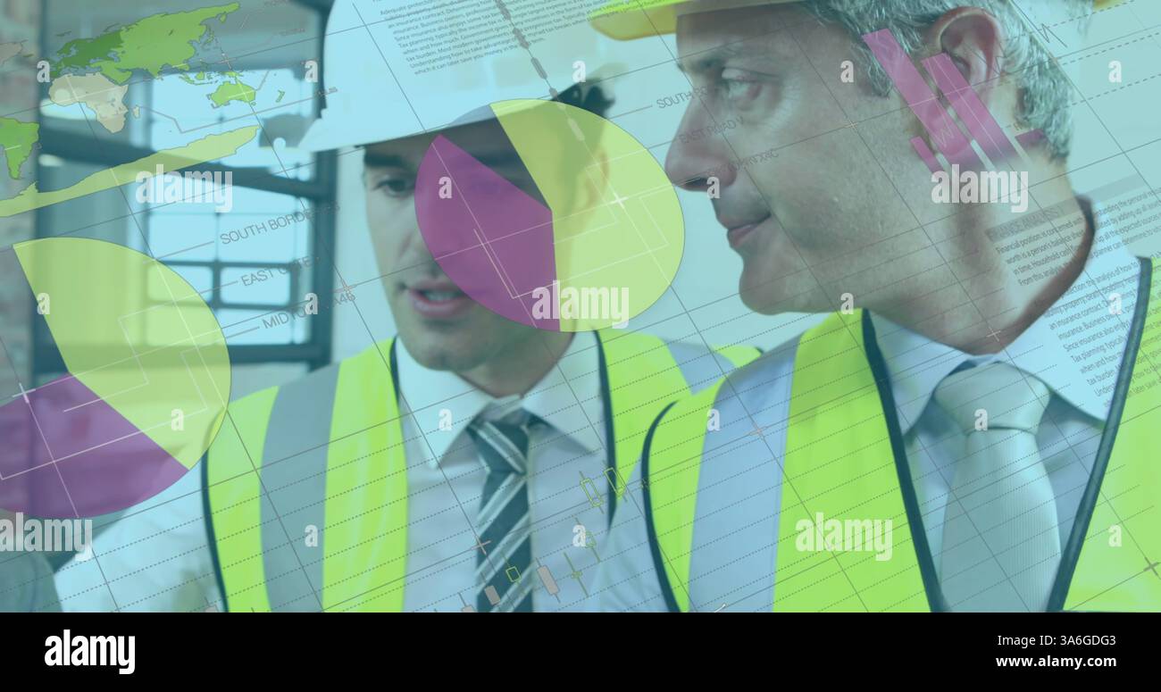 Engineers in safety vests discussing financial charts at construction ...