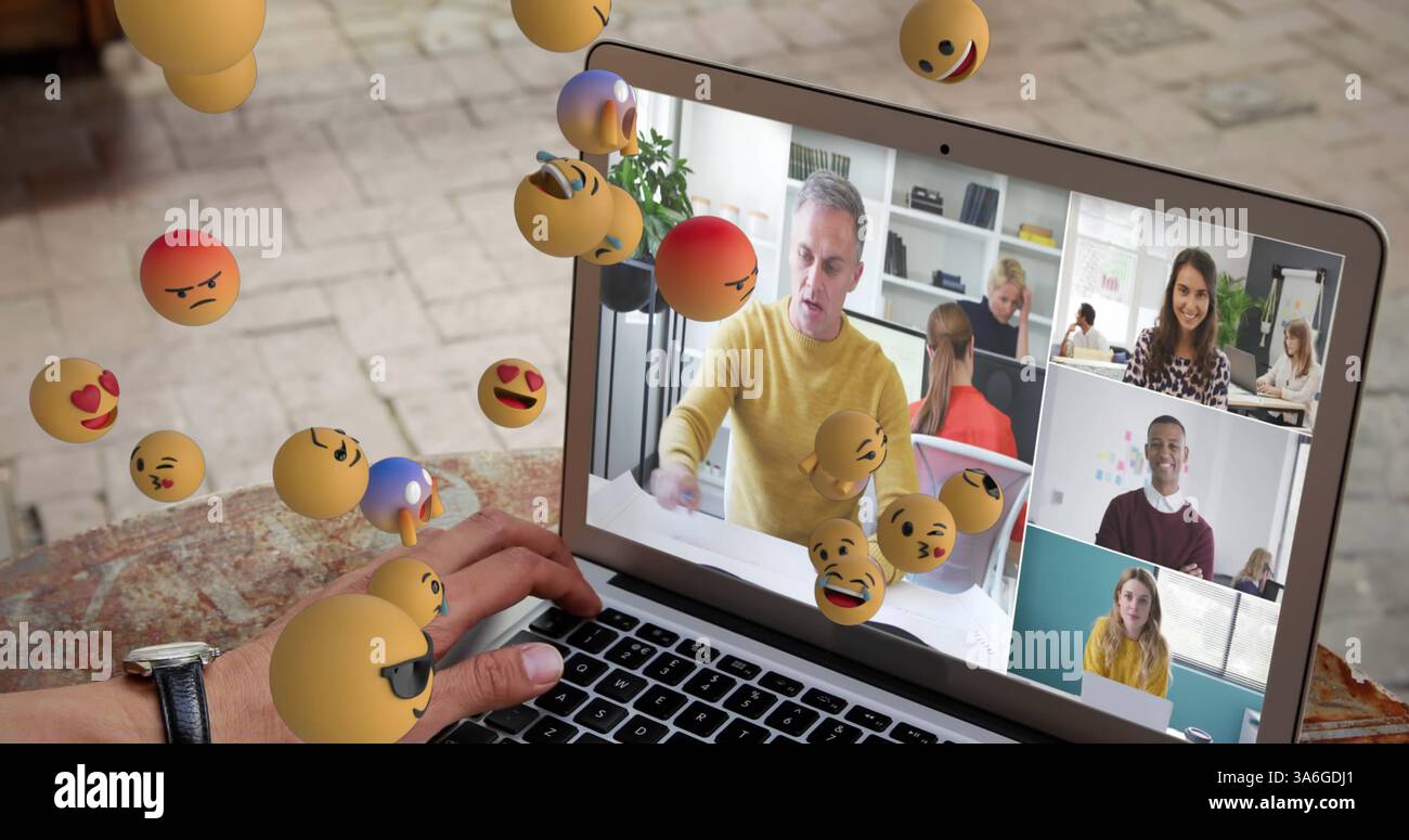 Virtual meeting on laptop screen, floating emojis enhancing digital ...