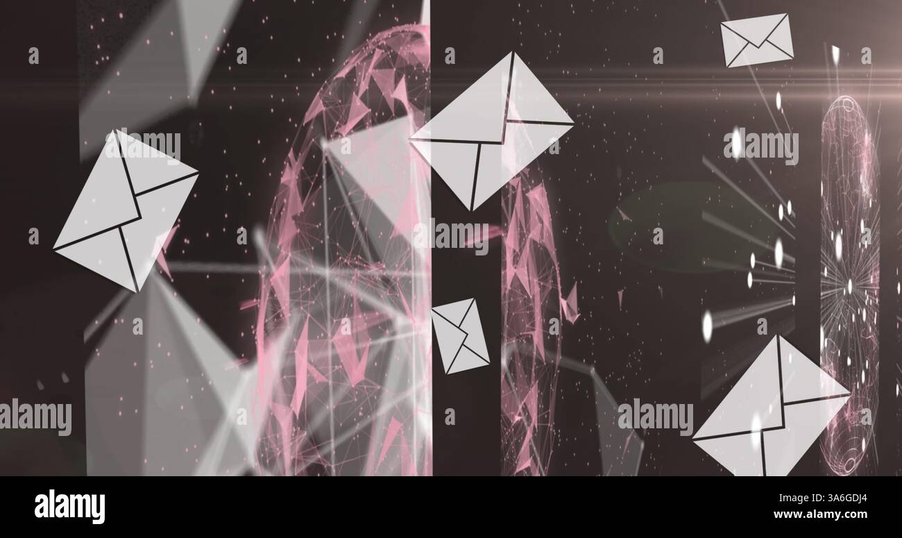 Image of digital interface data processing with email envelopes falling ...