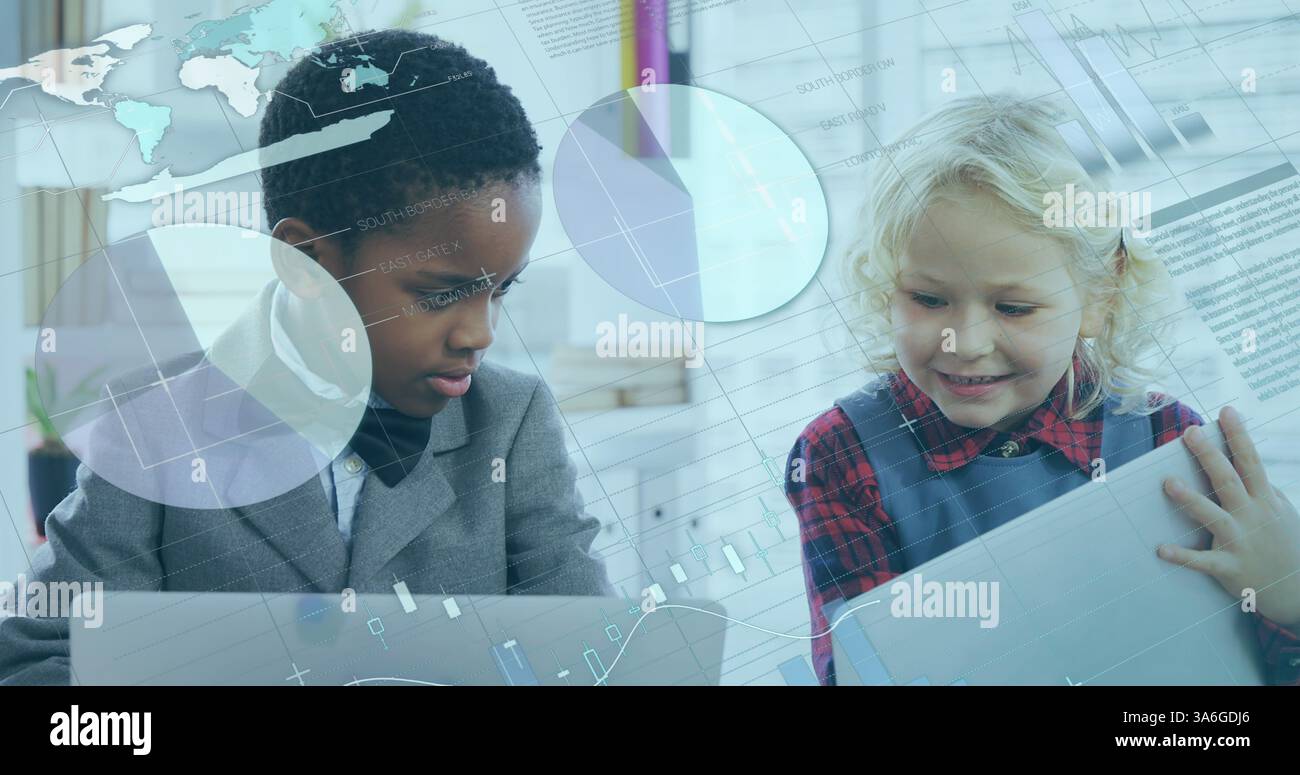 In school, children using laptops and exploring digital interfaces with ...