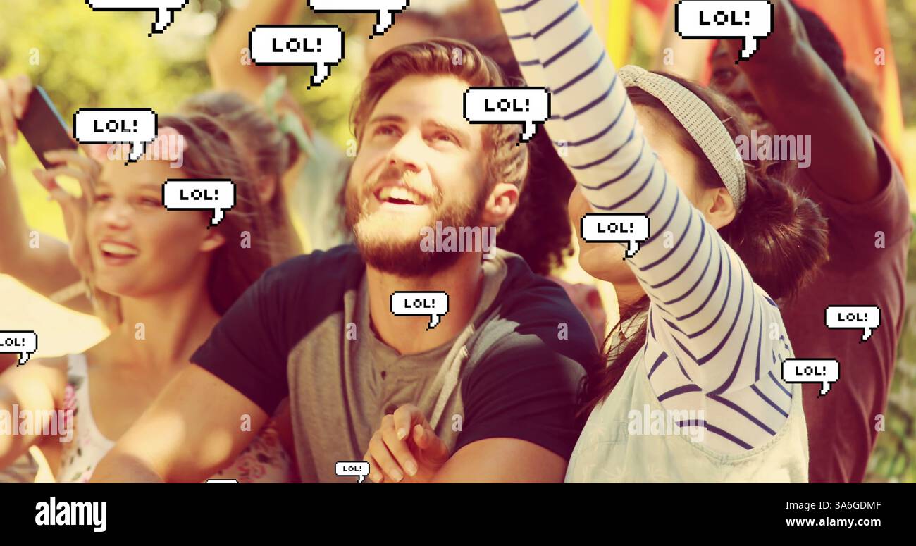 Image of LOL text on speech bubbles floating over people having fun and ...