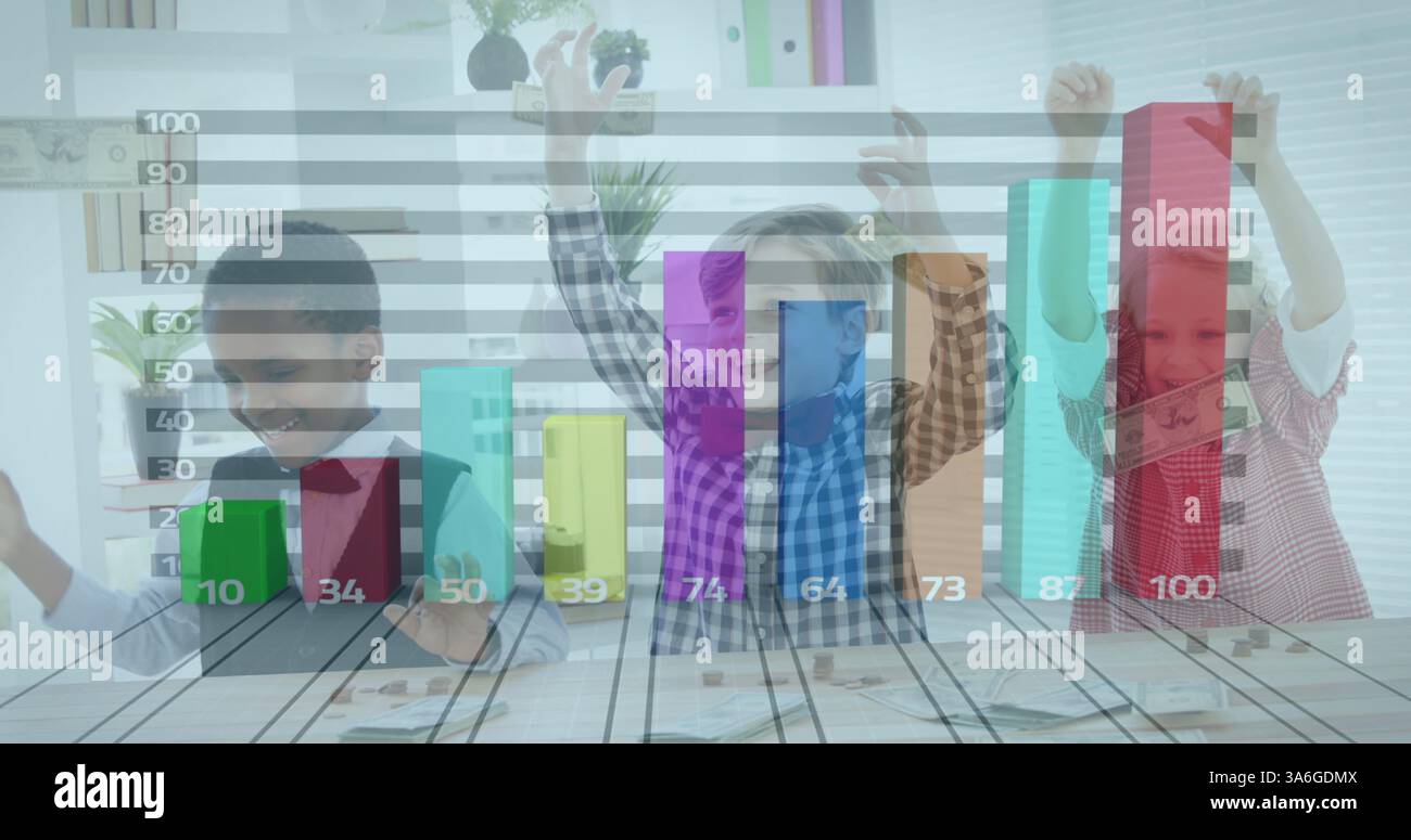 Children celebrating success with colorful bar graph overlay in modern ...
