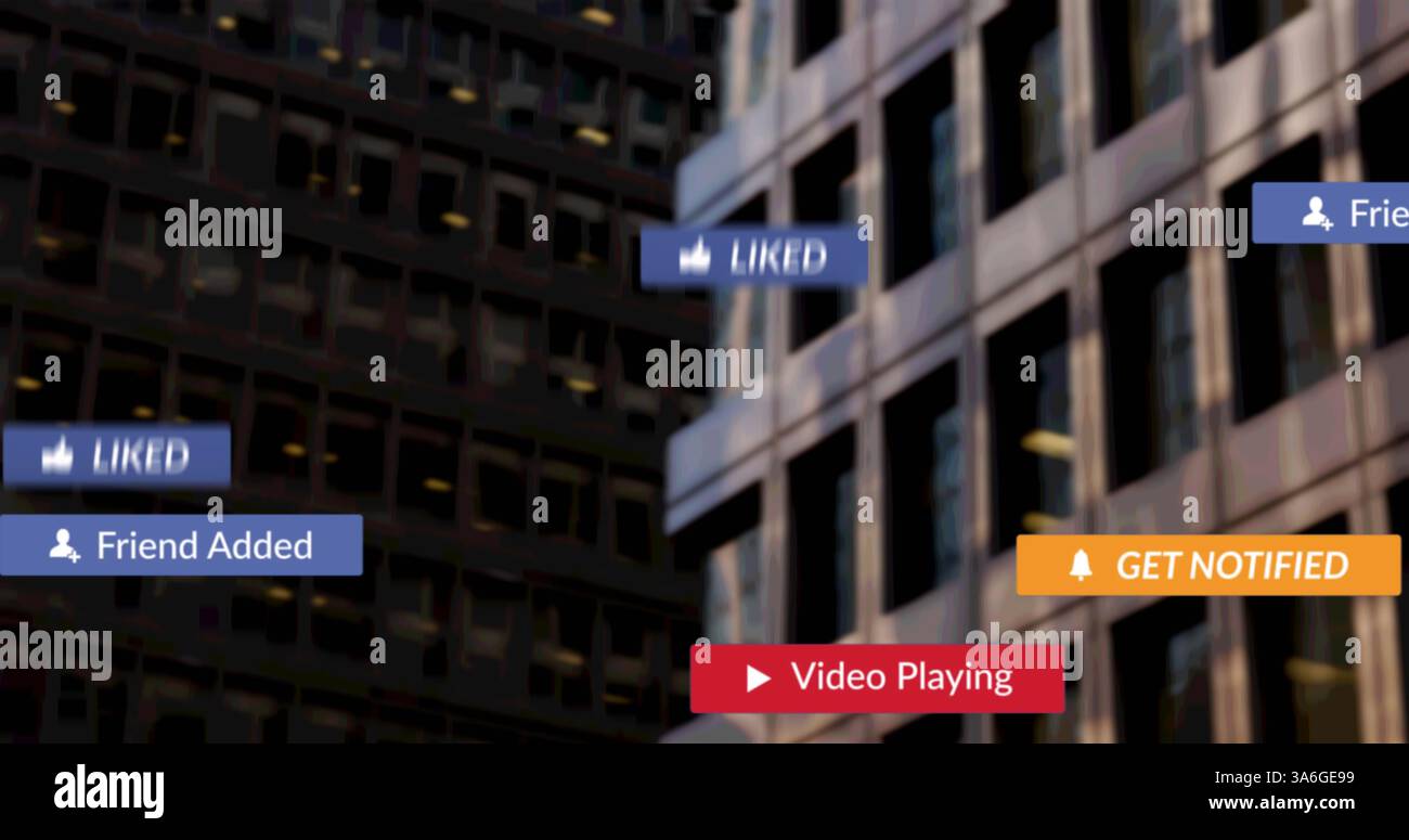 Image of social media text on banners over modern buildings. global ...