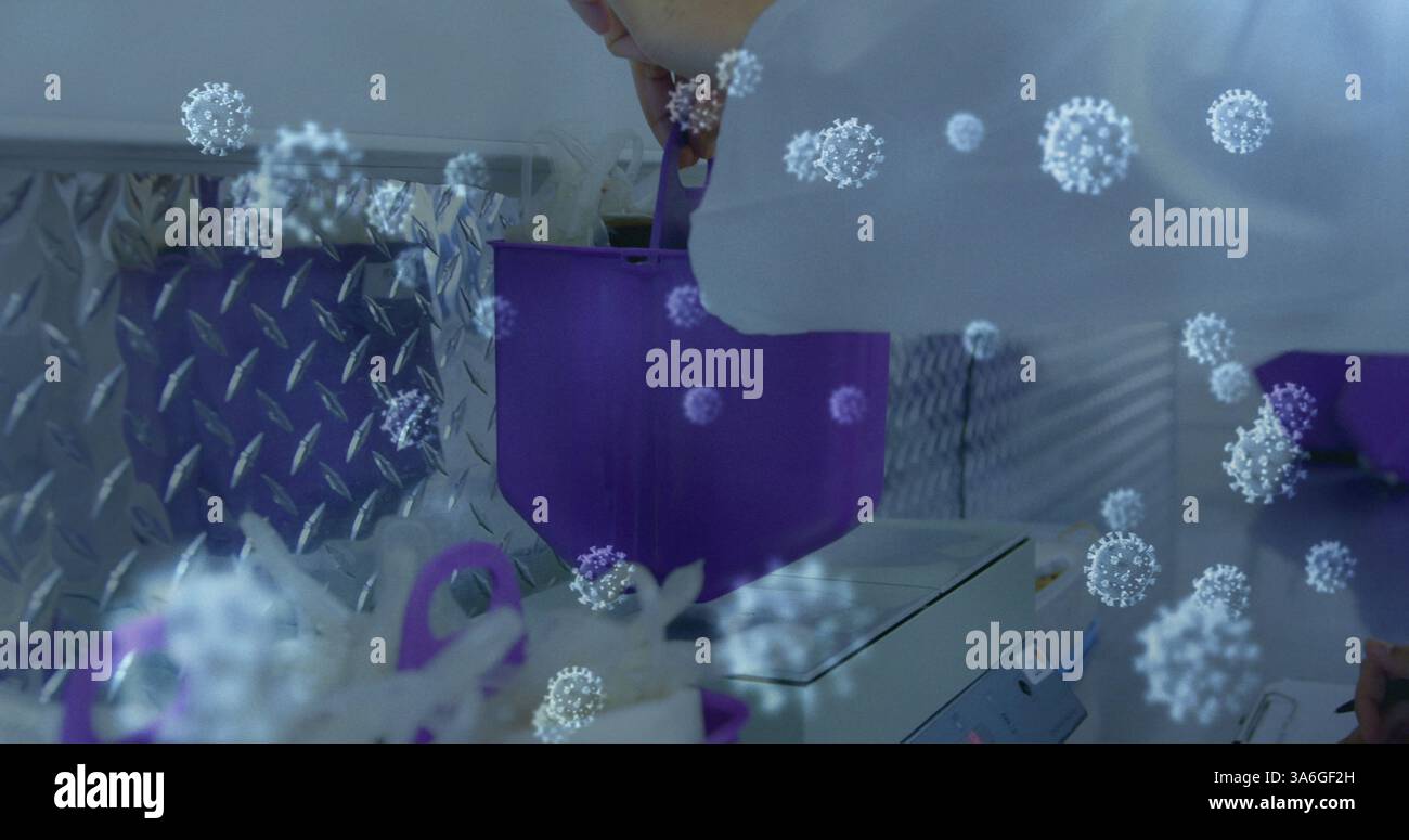 Scientist in lab coat conducting research with virus graphics overlay ...