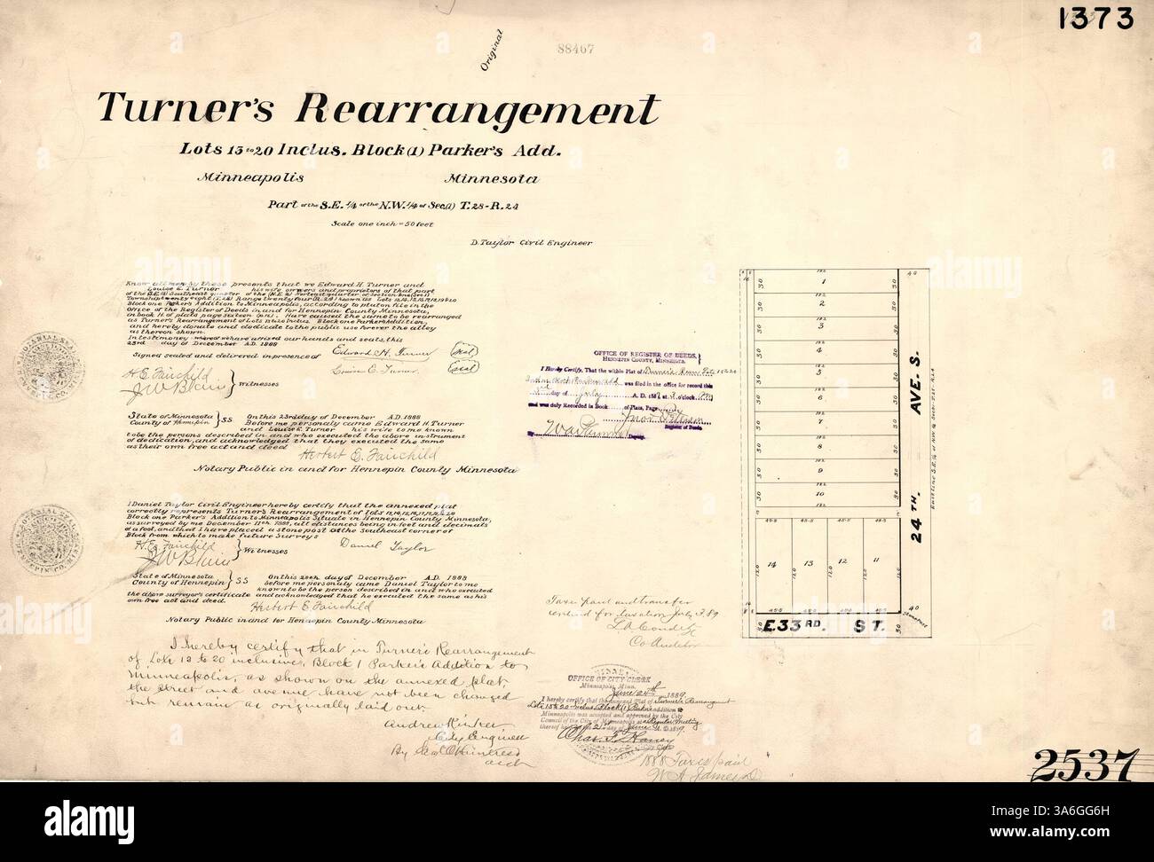 This historical map shows the rearrangement of lots 13 to 20 in Block 1 ...