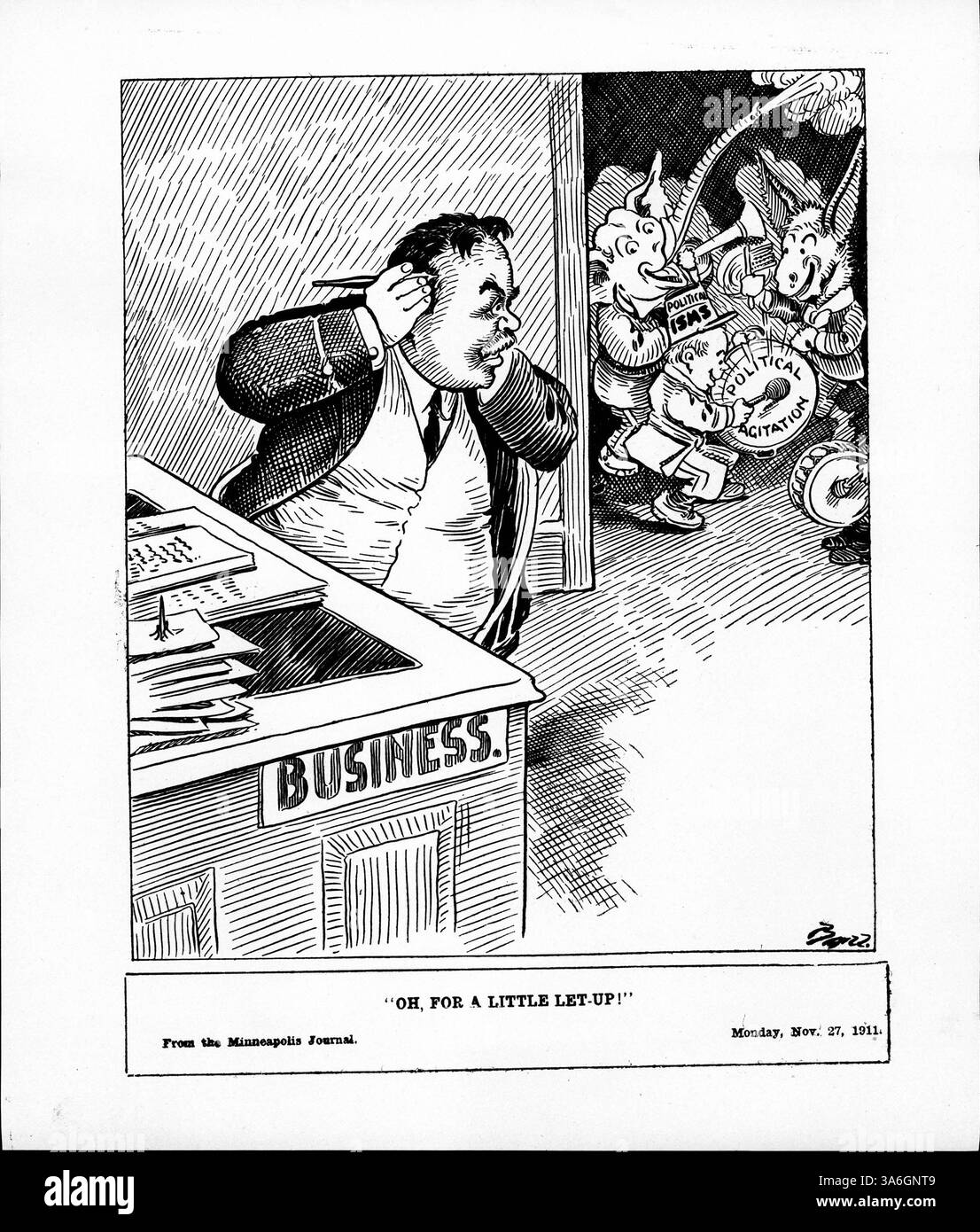 This political cartoon humorously portrays the frustration of bu hi-res ...