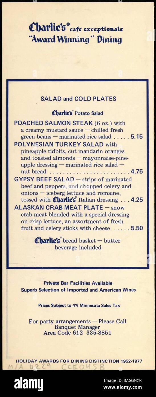 The 1977 Charlie’s Cafe Exceptionale menu features luncheon staples ...