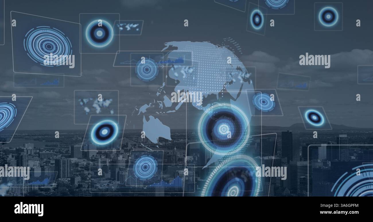 Composition of scopes scanning on screens over globe and cityscape ...