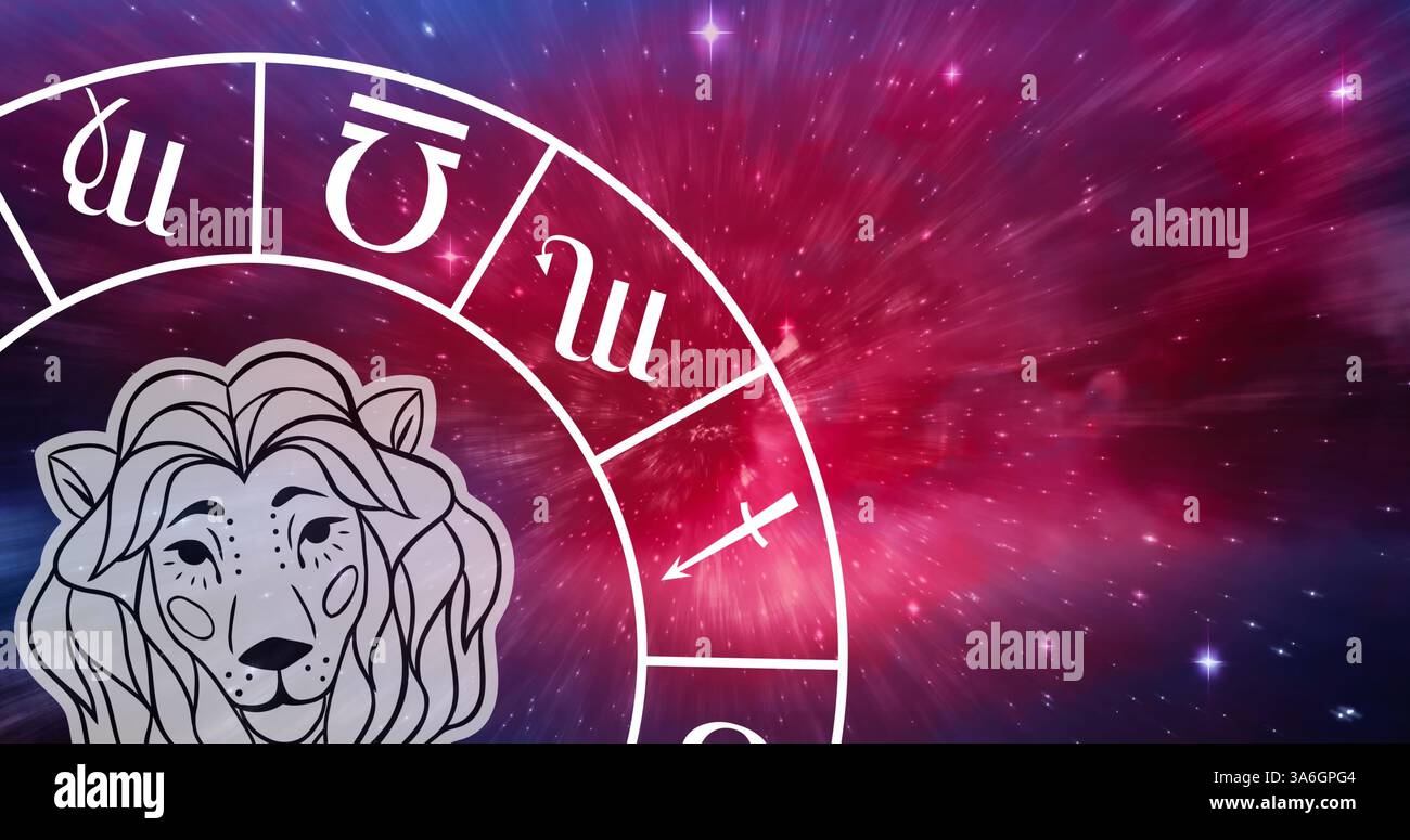 Image of leo star sign symbol in spinning horoscope wheel over glowing ...