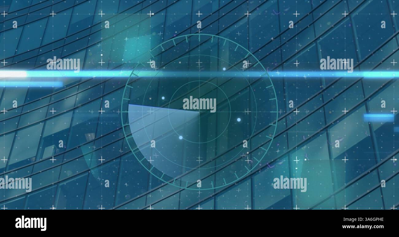 Image of scope scanning and lights with glitch over modern building ...