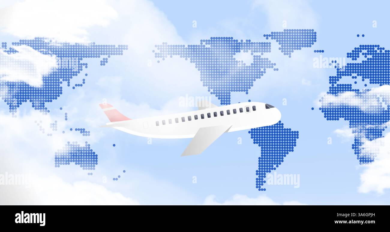 Image of airplane flying over world map. global travel, connections and ...