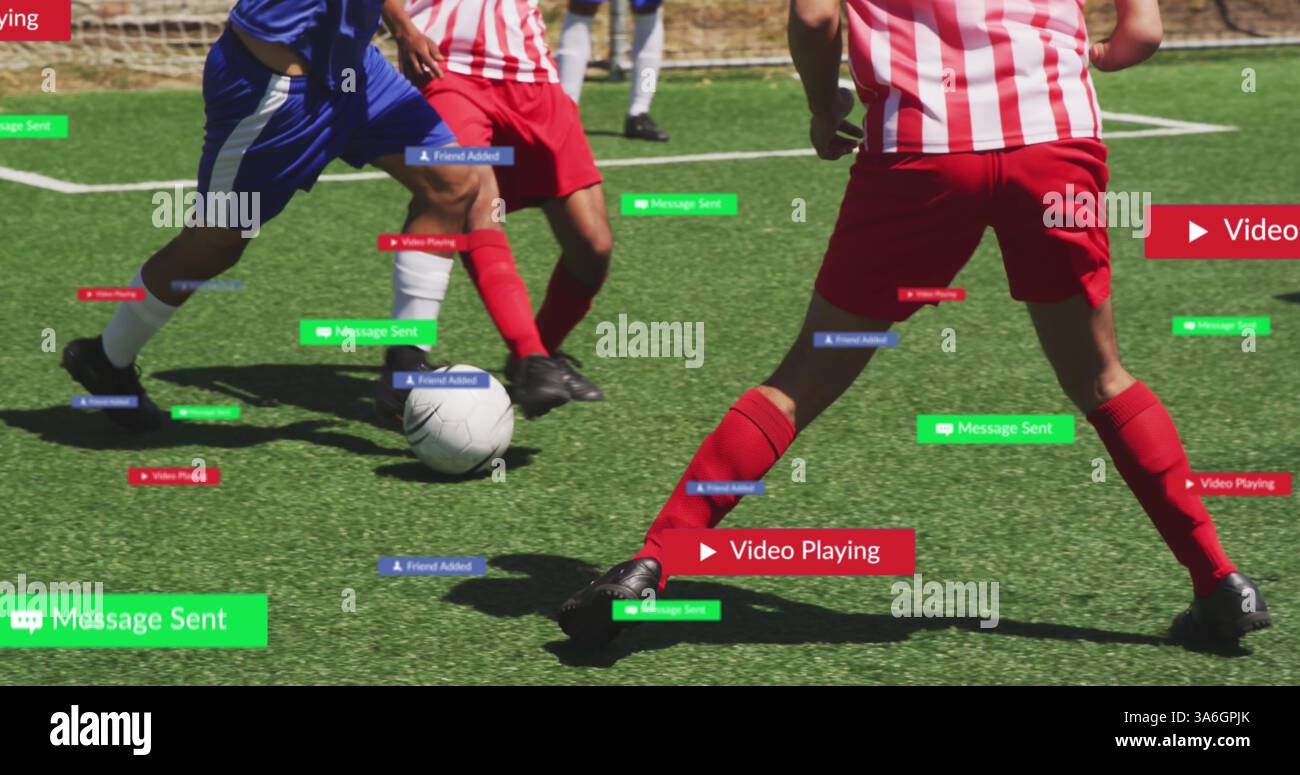 Image of social media icons on banners over football players on pitch ...