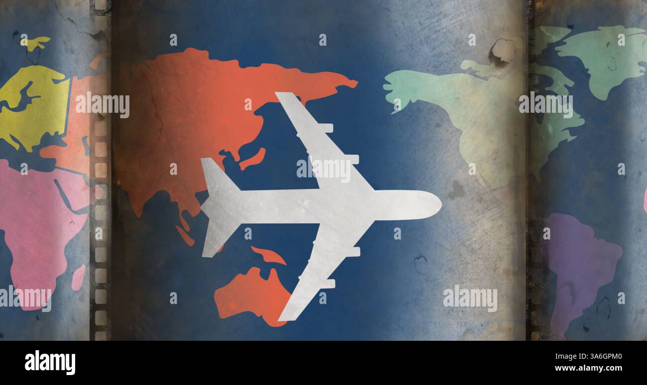 Image of airplane flying over world map. global travel, connections and ...