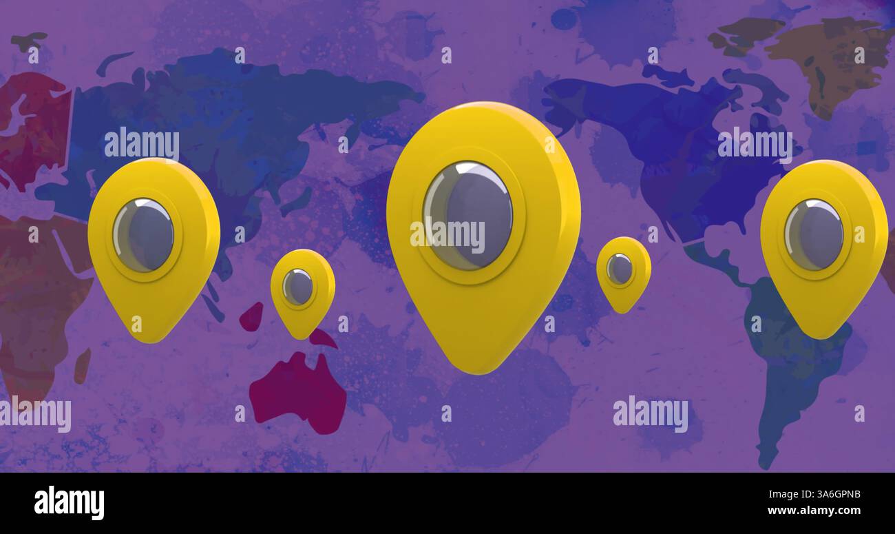 Image of yellow location pins bouncing over world map. global ...