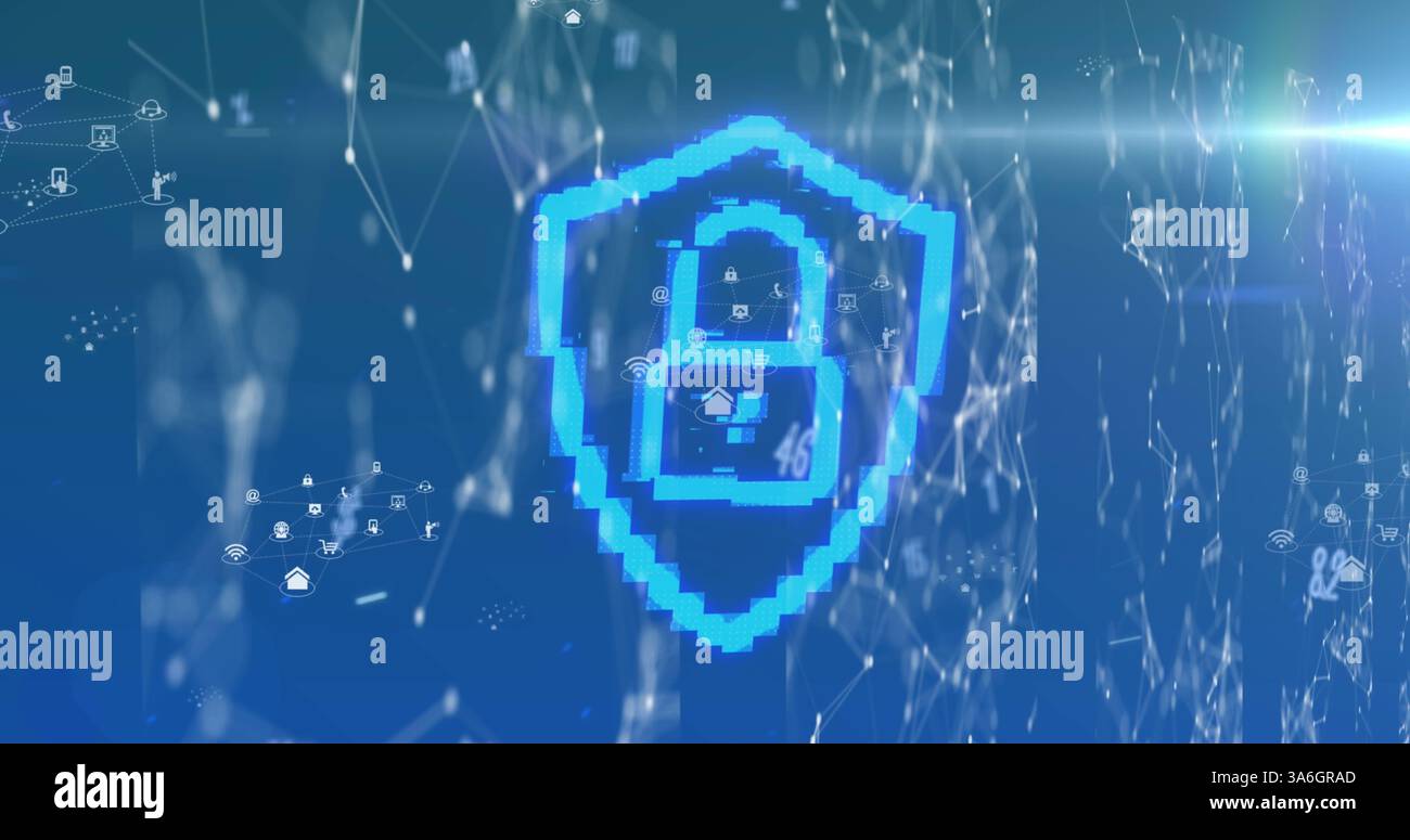 Image of online security padlock with networks of connections in background. global connections ...