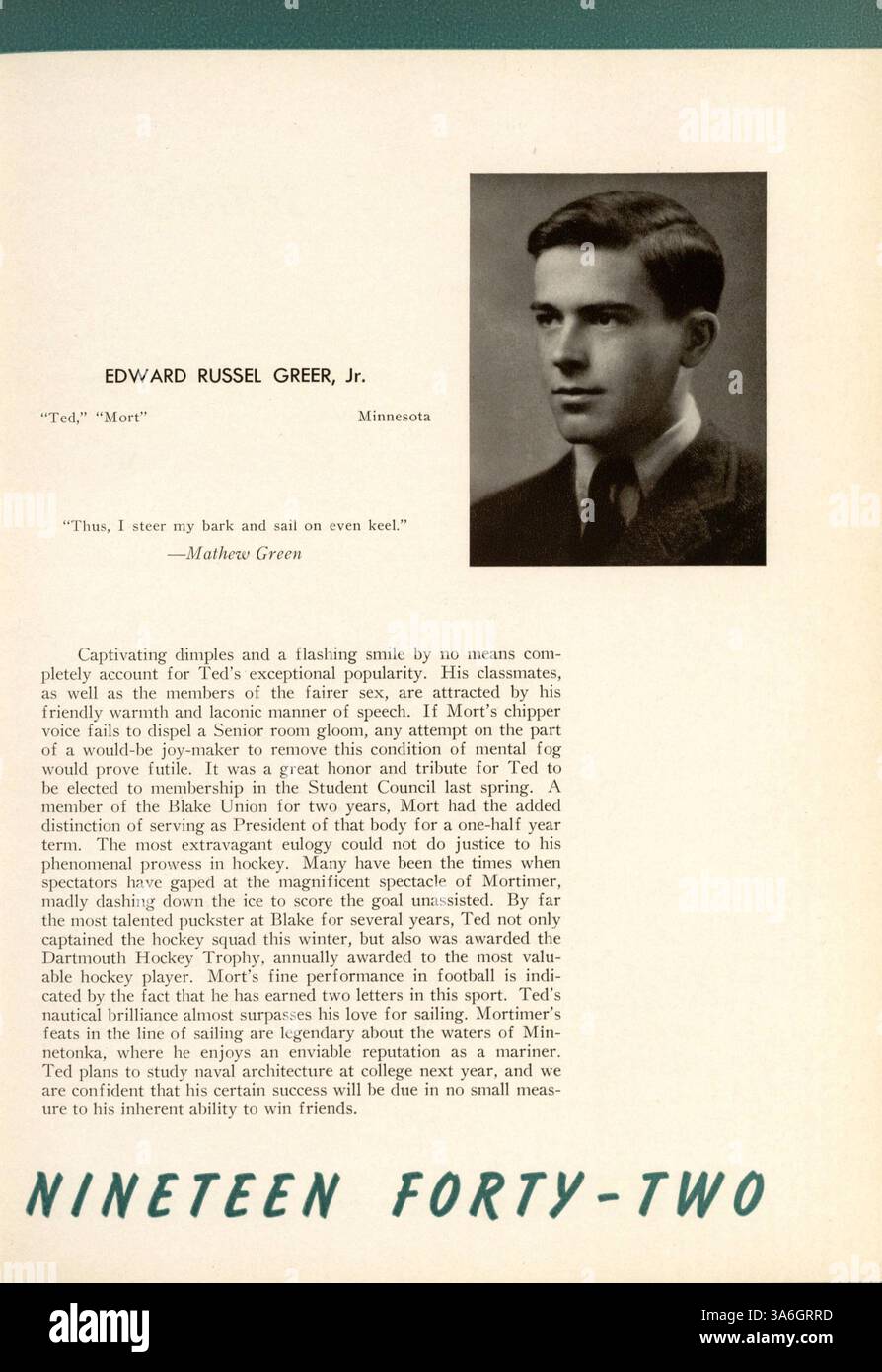 The 1942 edition of the Blake Yearbook, Call-O'-Pan, highlights student portraits, faculty ...