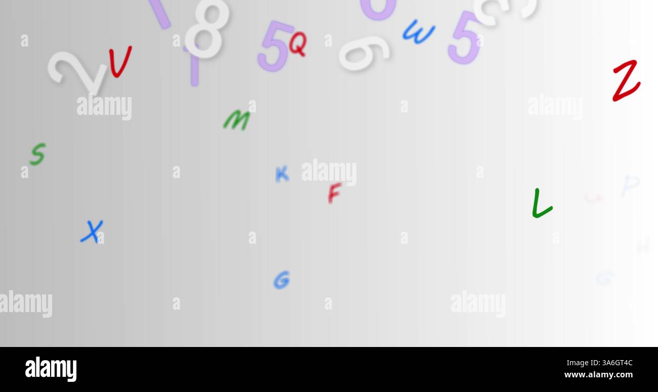 Digital image of multiple changing numbers and alphabets floating against grey background ...