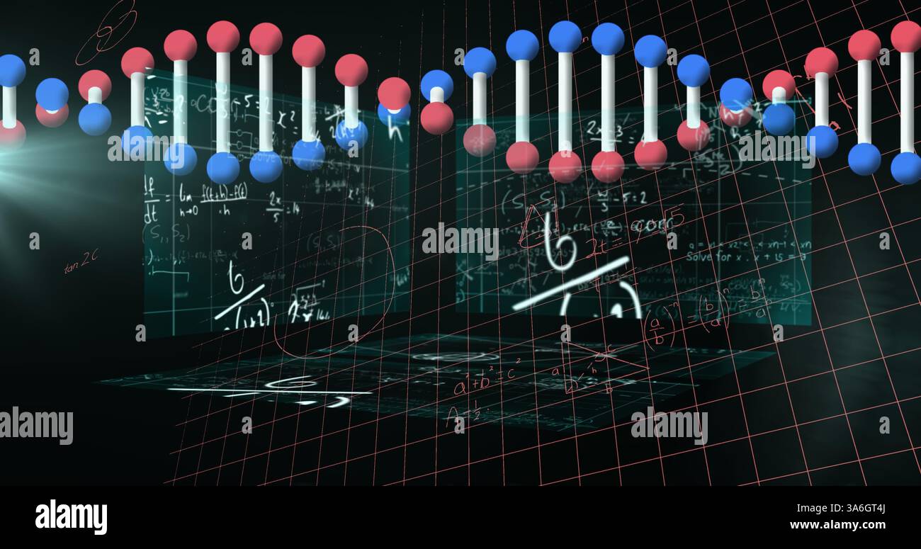 Image of dna strand spinning, data processing and mathematical equations over screens. global ...