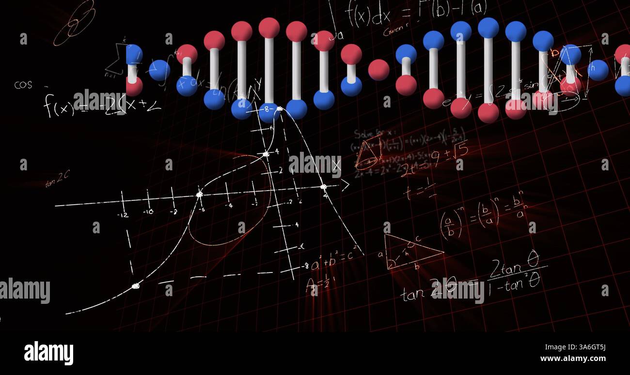 Image of dna strand spinning data processing and mathematical equations ...