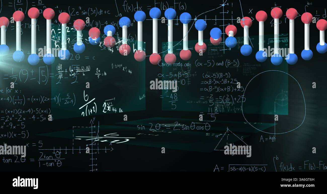 Image of dna strand spinning, data processing and mathematical equations over screens. global ...