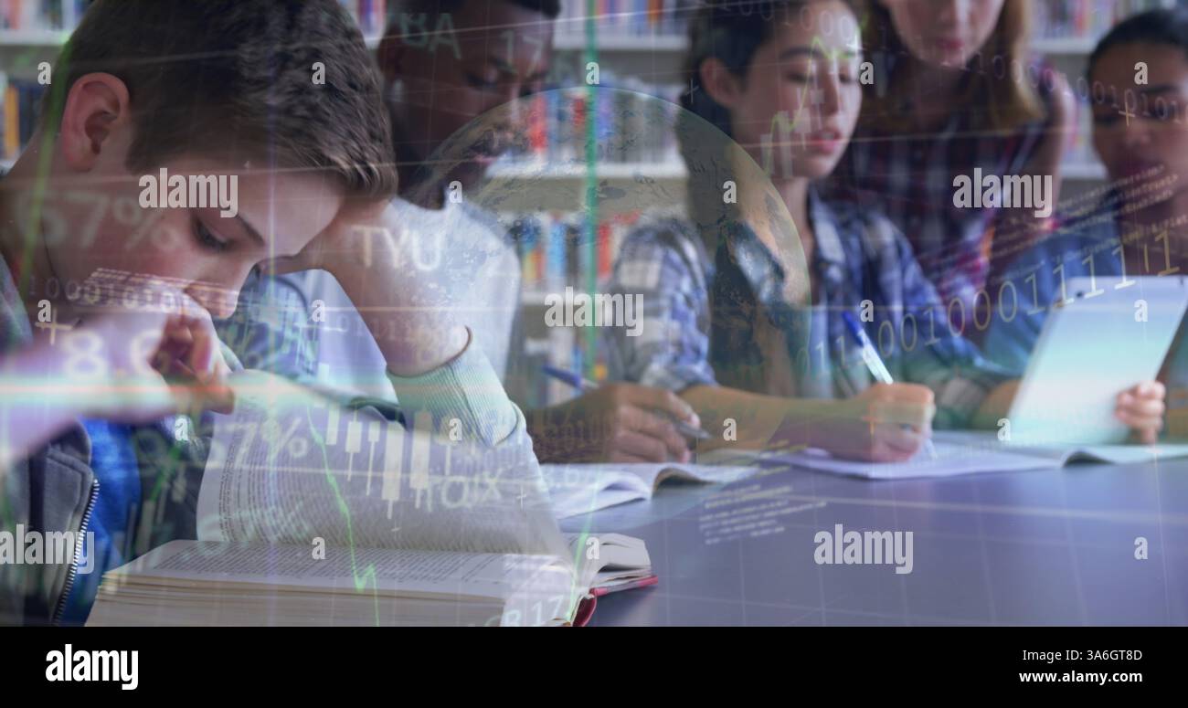 Stock market data processing against group of students studying together at library. back to ...