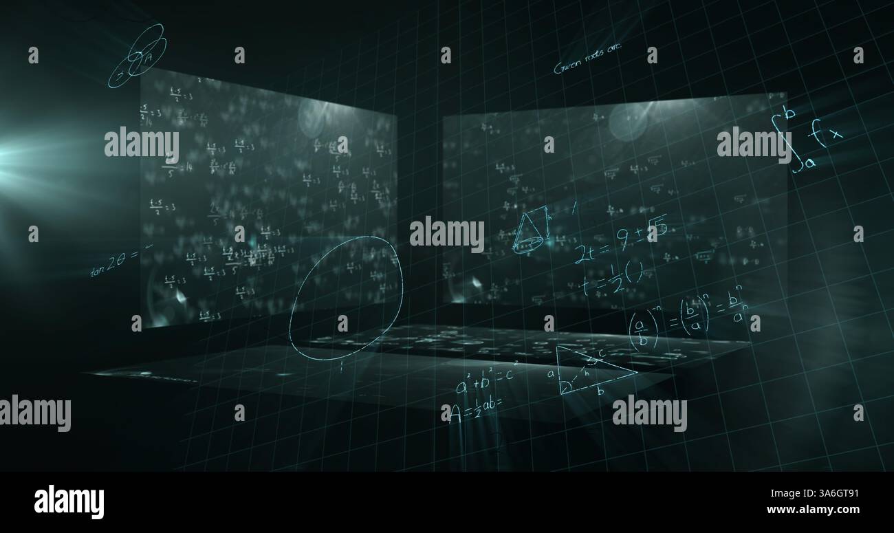 Mathematical equations floating against screens with mathematical ...