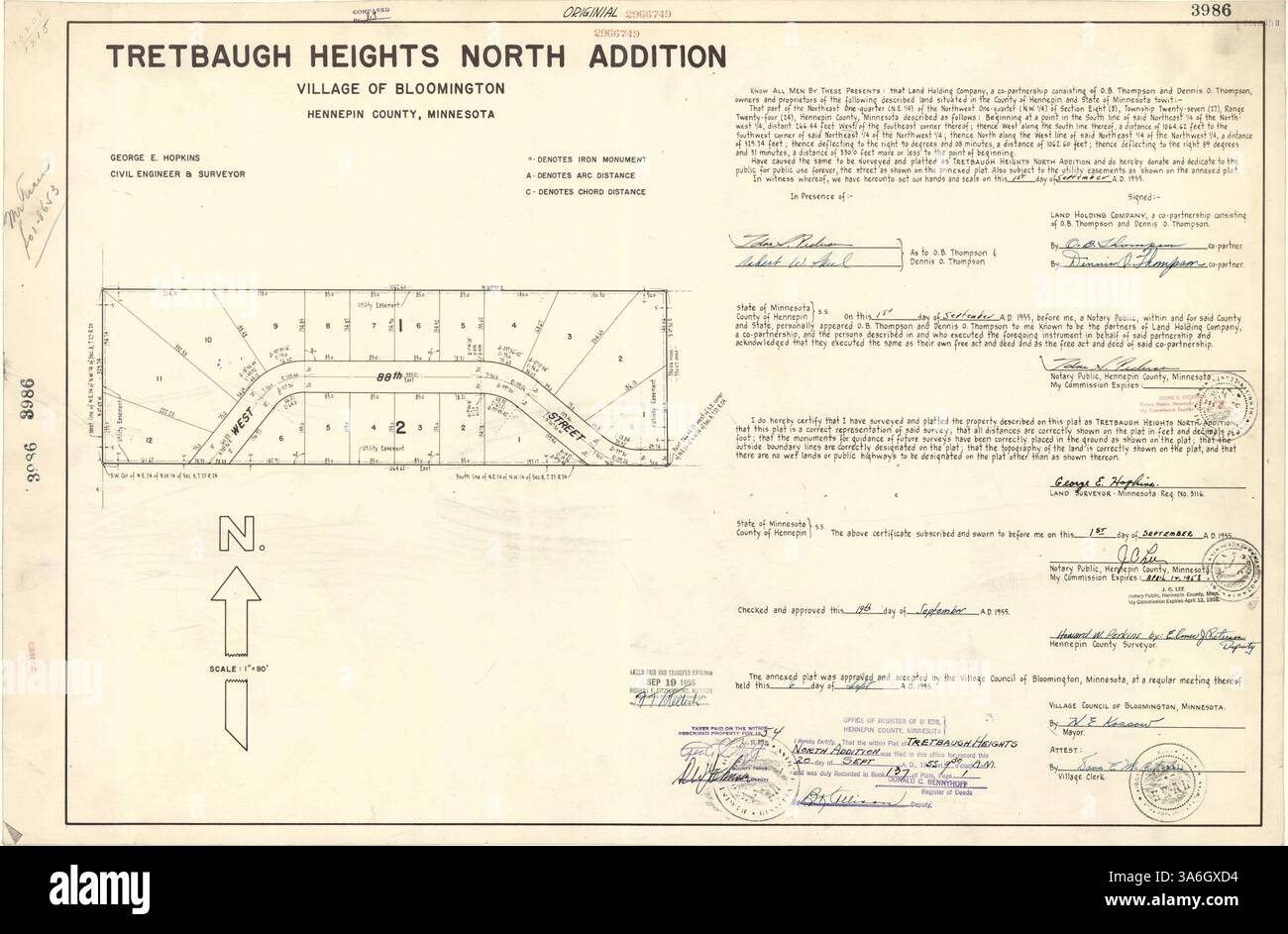 A plat map showing the North Addition of Tretbaugh Heights in Hennepin ...