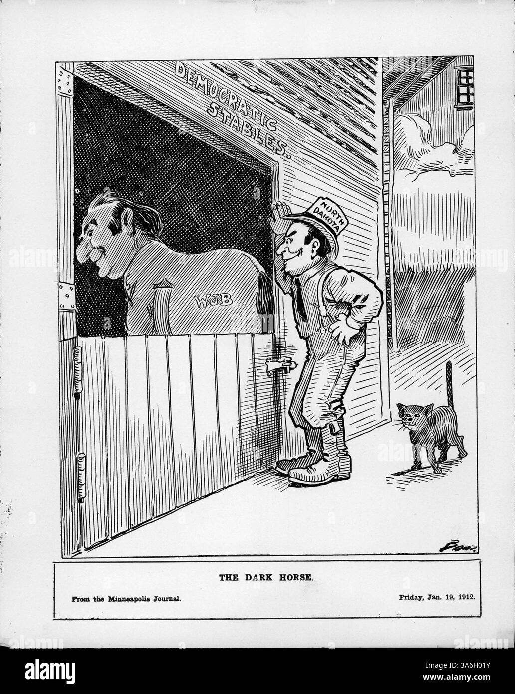 A political cartoon depicts a man from North Dakota leaning against ...