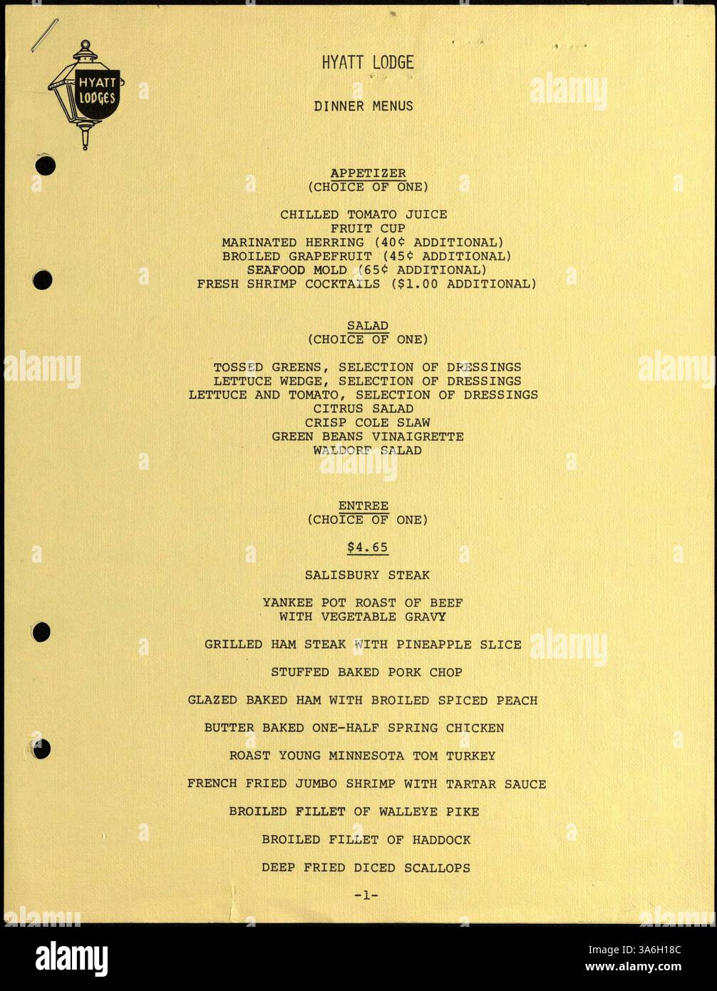 The Hyatt Lodge catering menu, typed on three sheets, features a range ...