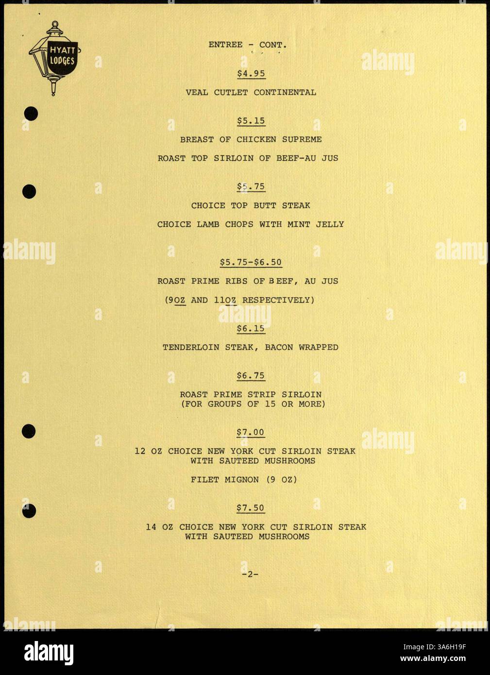 A catering menu from Hyatt Lodge outlines a variety of dinner choices ...