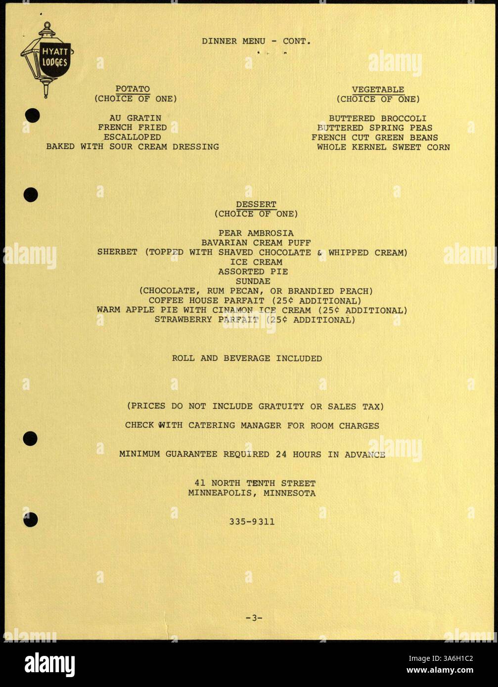 This menu from Hyatt Lodge lists a variety of dinner options including ...
