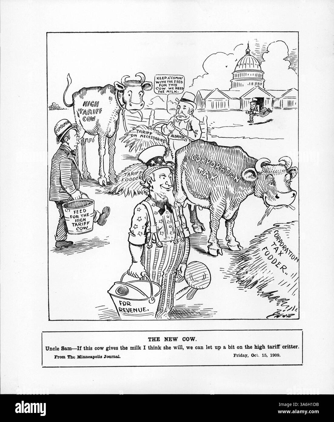 The cartoon titled 'The New Cow' depicts Uncle Sam preparing to milk a ...