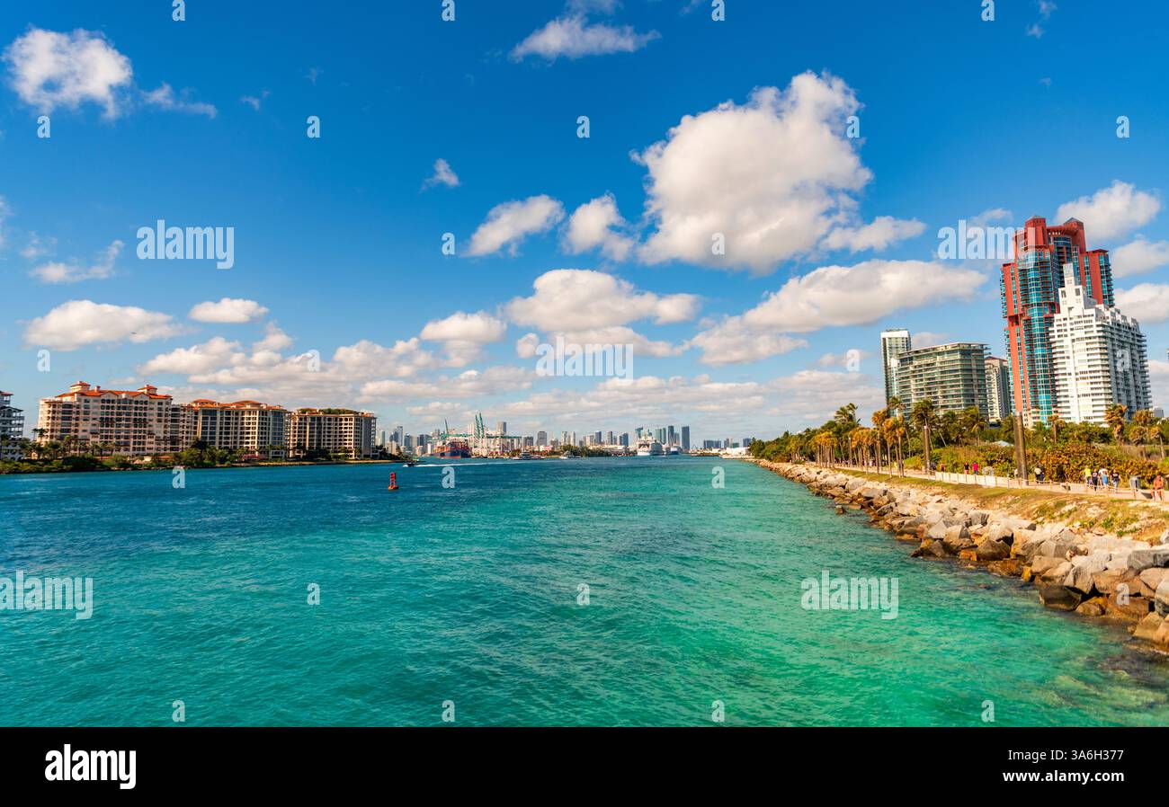 Miami landscape with sea canal at South Beach, USA. Sea canal leading ...