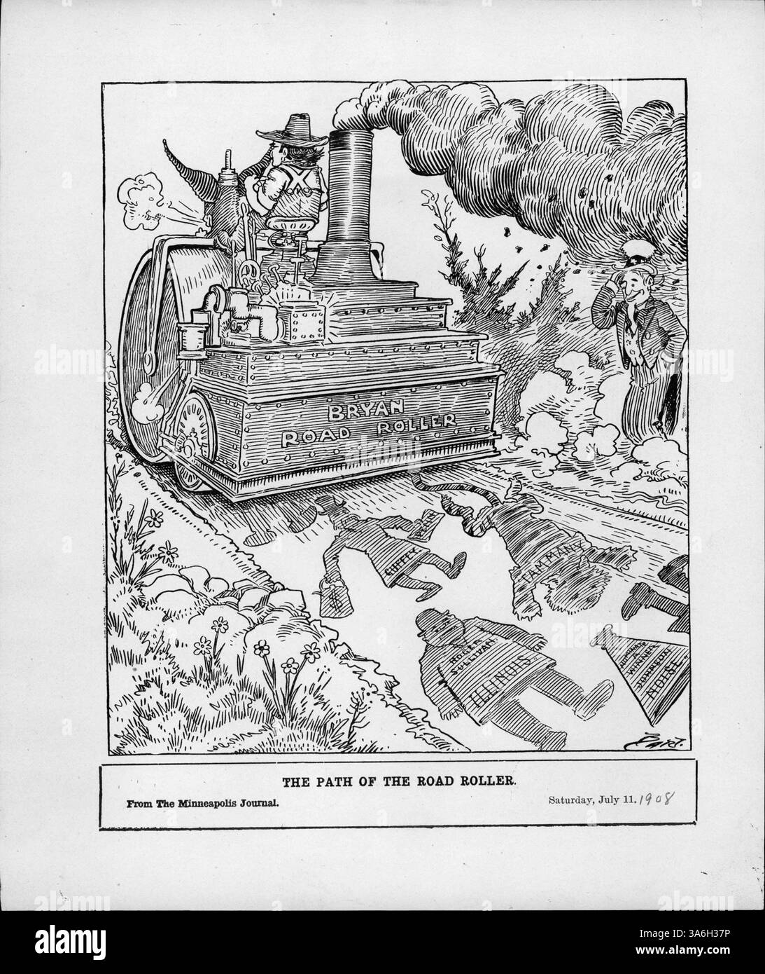 A political cartoon shows Bryan steamrolling political opponents ...