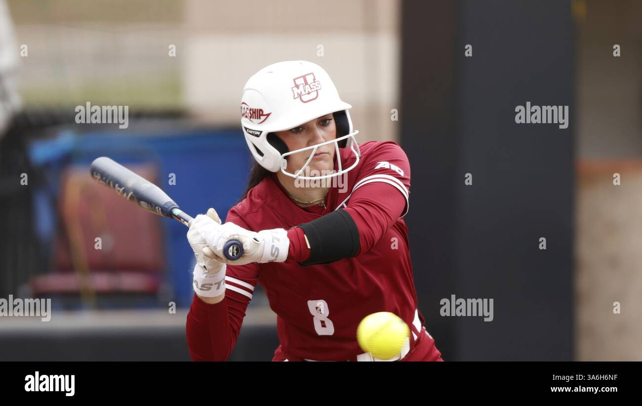 Massachusetts batter Lydia Castro bats against St. Joe's during an NCAA ...