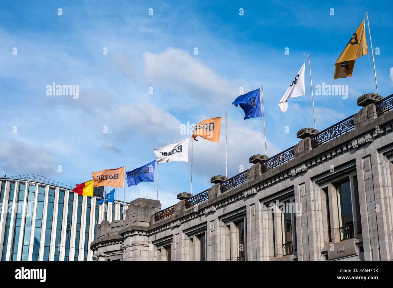Flags at the concert hall and center for fine arts Bozar, Brussels city ...