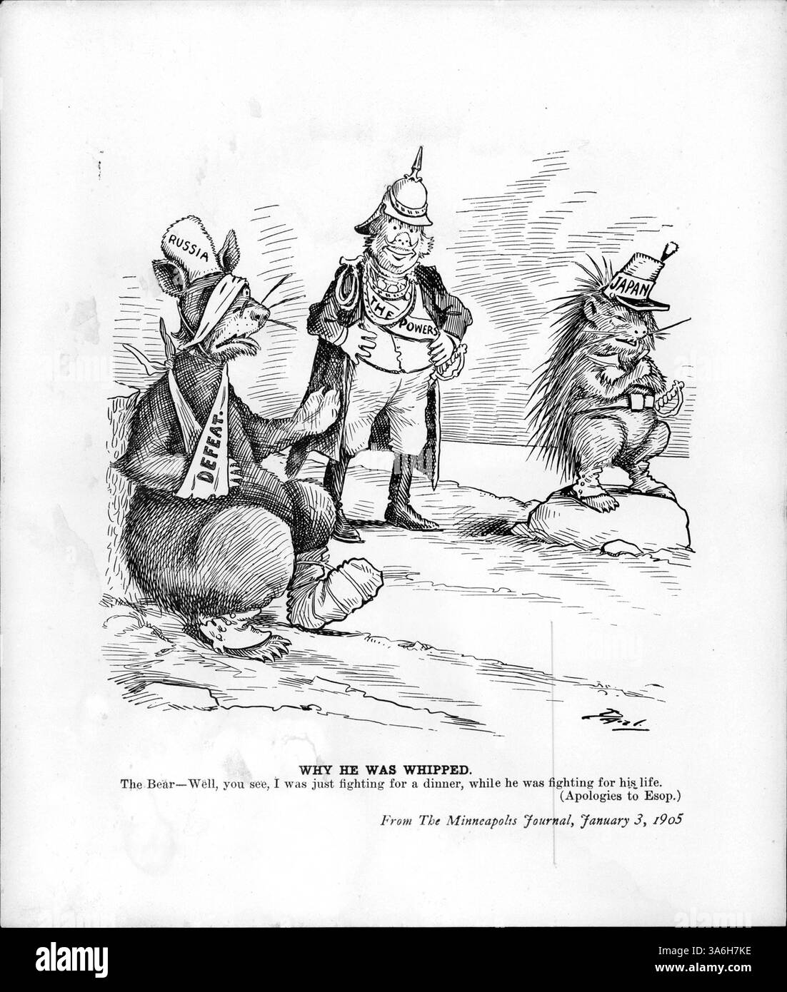 A political cartoon depicting the Russian Bear bandaged with defeat ...