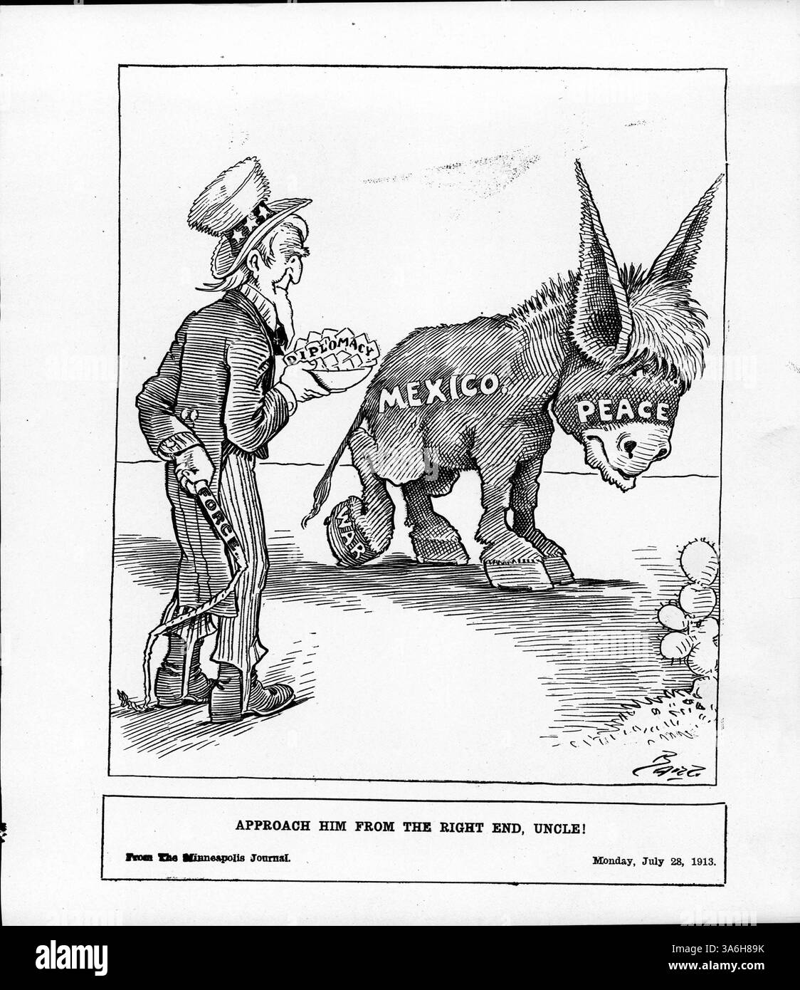 A political cartoon shows Uncle Sam holding sugar labeled 'Diplomacy ...
