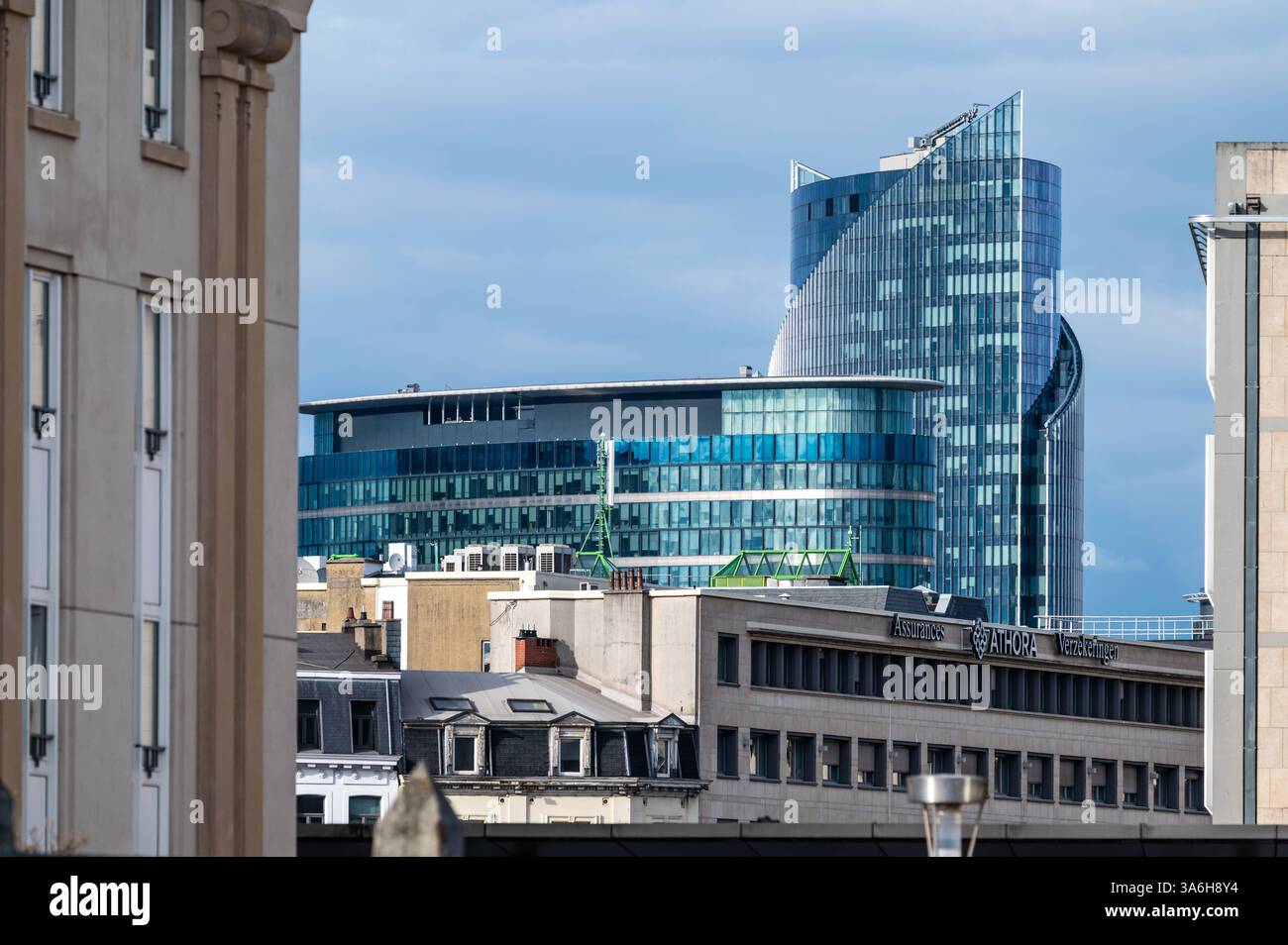 Urban vista with insurance office buildings and the Astro Actiris VDAB tower, Brussels city ...