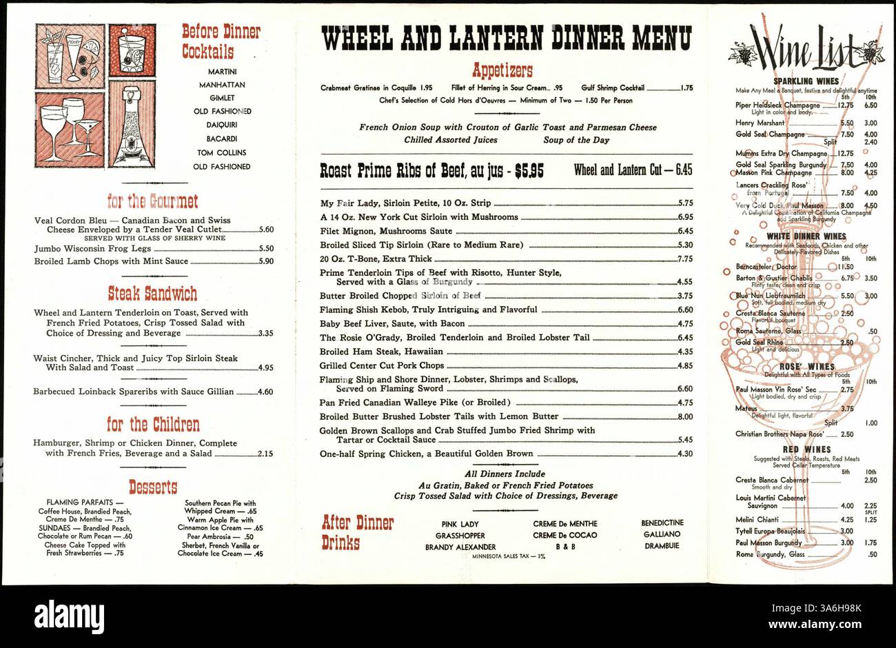A tri-fold menu from the Wheel and Lantern, printed in red and black ...