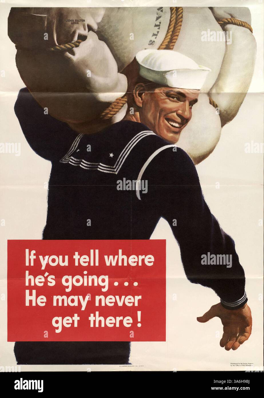 A 1943 wartime poster featuring an American sailor with a duffel bag ...