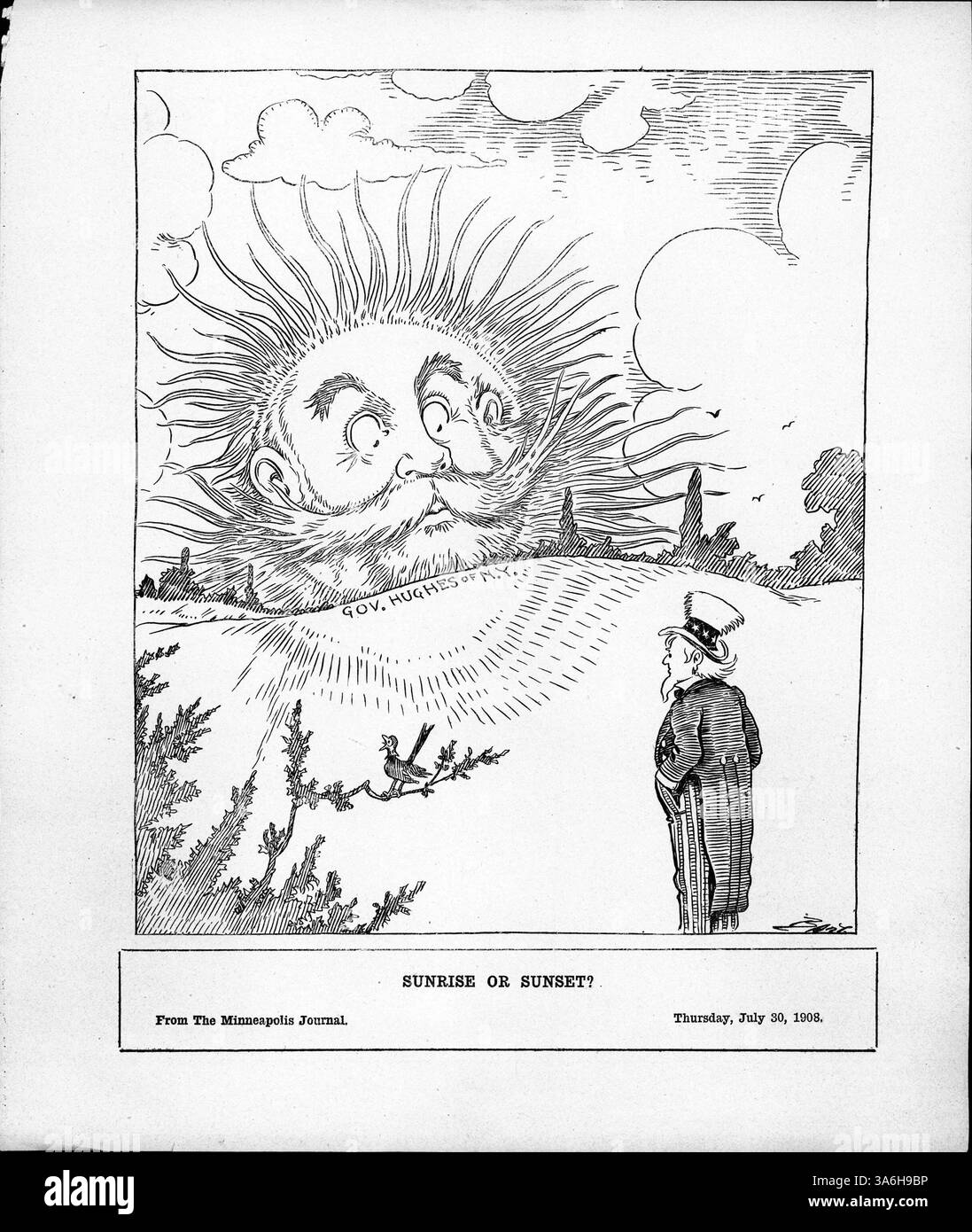 A political cartoon showing Uncle Sam watching the sun with Governor ...
