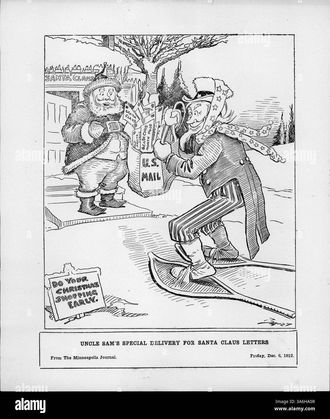 A cartoon showing Uncle Sam delivering letters addressed to Santa Claus ...