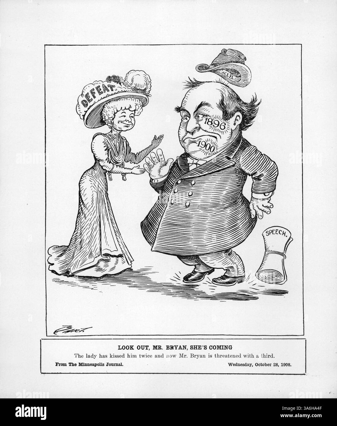 A political cartoon from 1896 and 1900, titled 'Look Out, Mr. Bryan ...