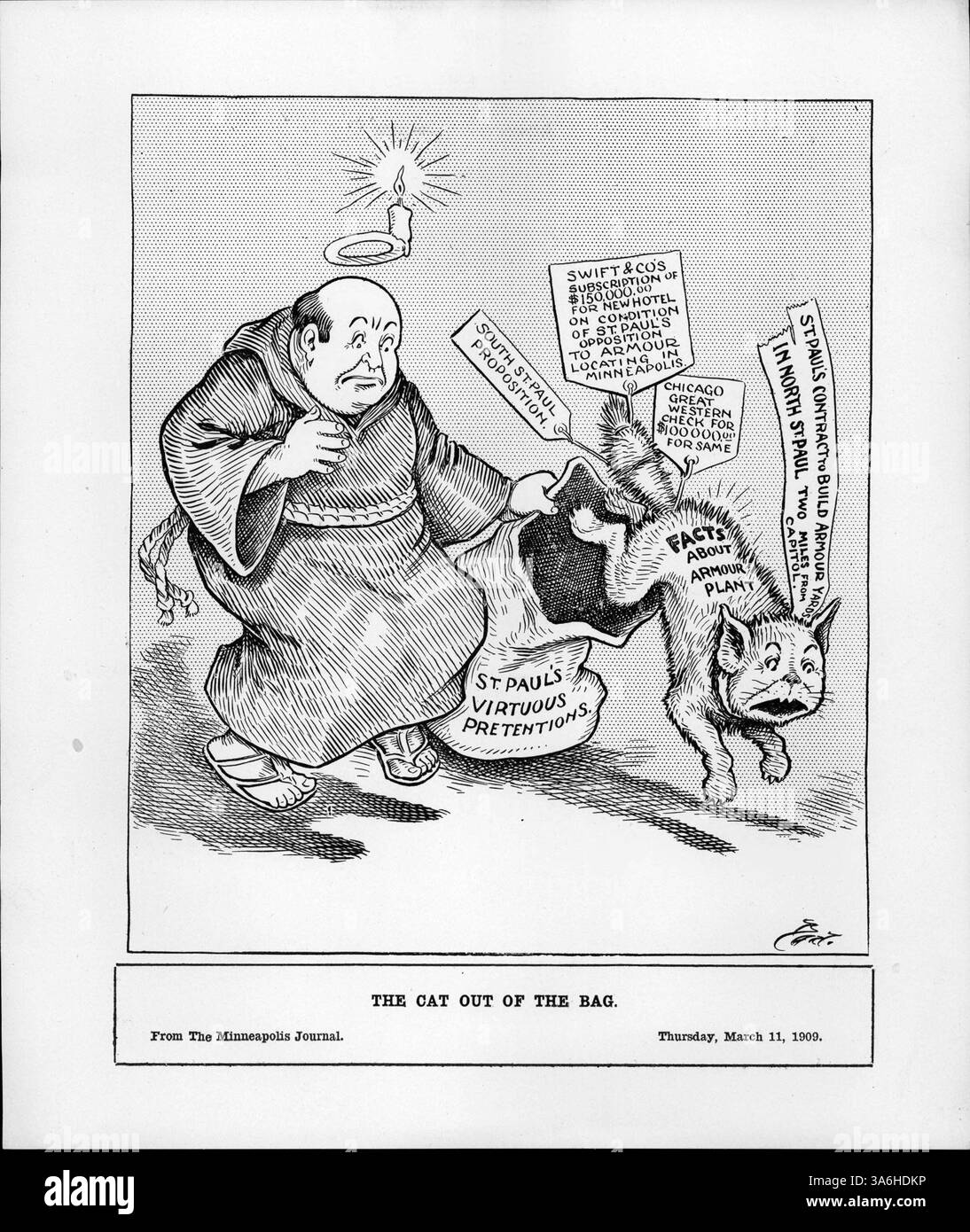 This political cartoon depicts a cat jumping out of a bag labeled ...