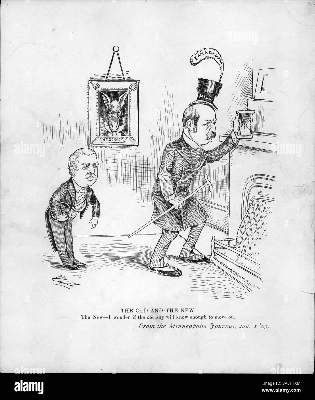 In this cartoon, Dave Hill, holding a cane, sets an hourglass on a ...