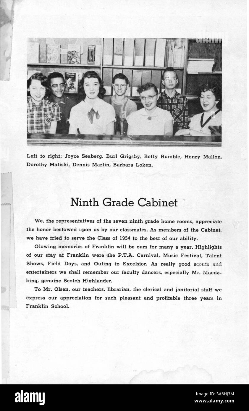 The 1954 Franklin Jr. High yearbook captures the ninth-grade class ...