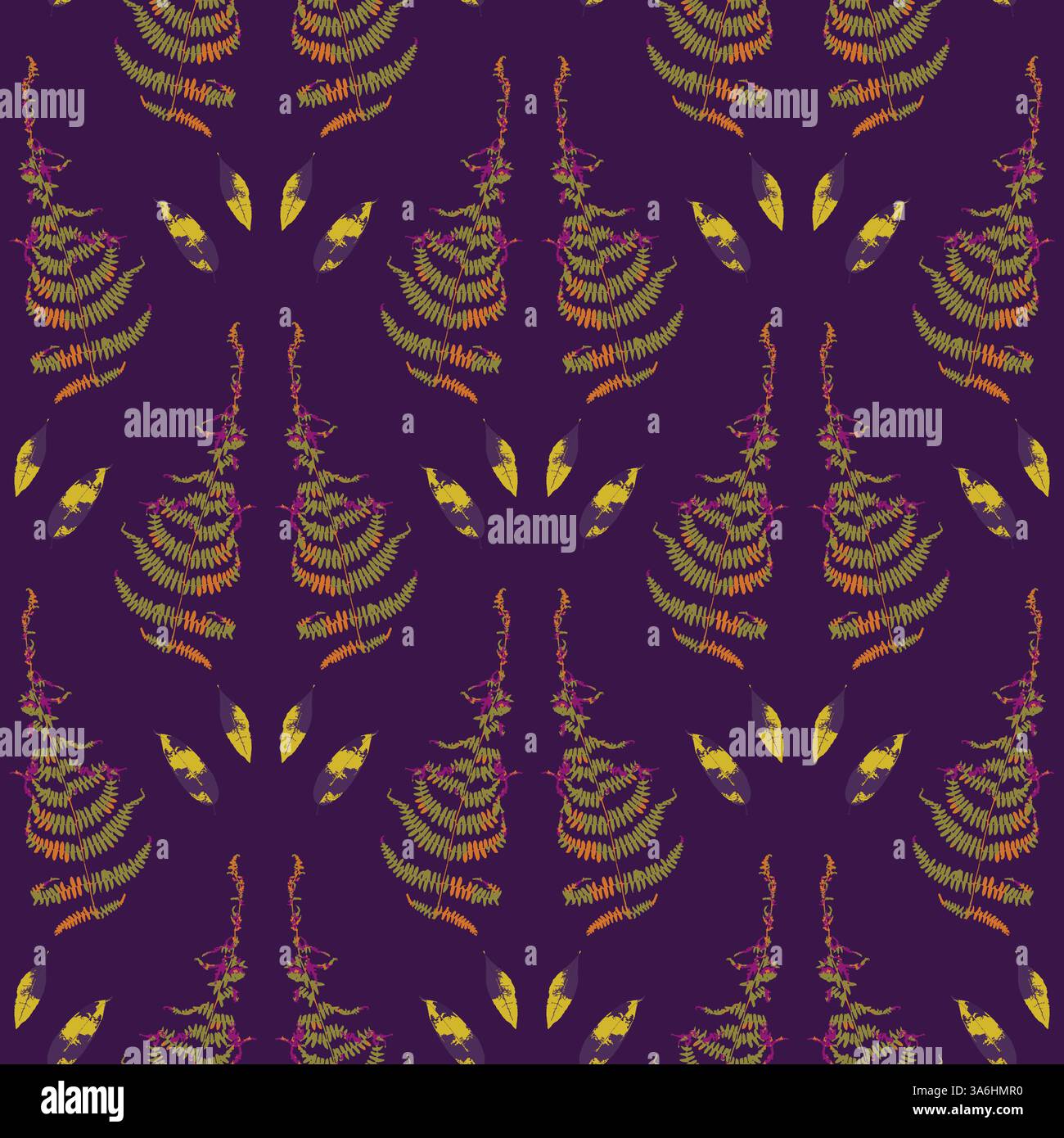 Seamless pattern with dried yellow fern leaves on deep purple ...